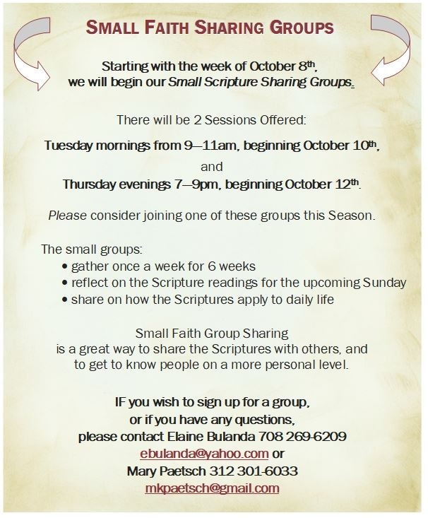 SMALL FAITH SHARING GROUPS - St. John Neumann Parish - Homewood, IL